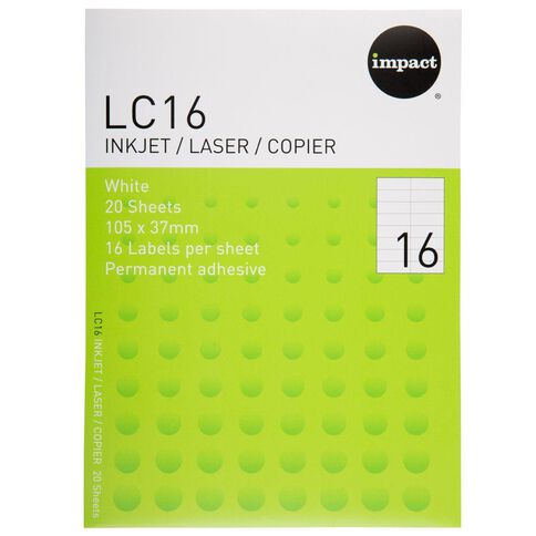 Impact Labels 20 Sheets A4 White 16 x 105mm x 37mm | Warehouse ...