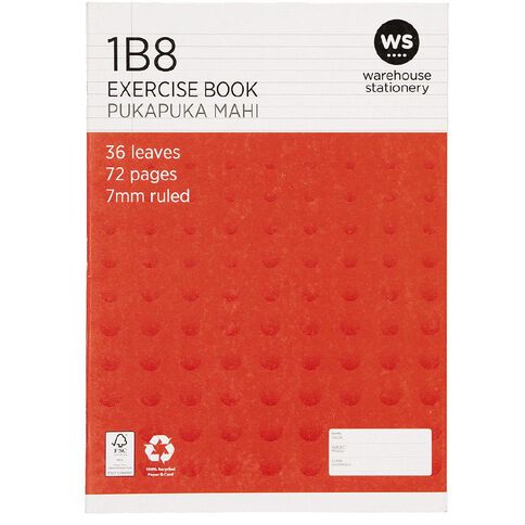 WS Exercise Book 1B8 7mm Ruled 36 Leaf Red | Warehouse Stationery, NZ