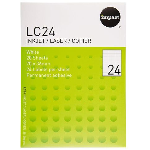 Impact LC24 Labels 20 Sheets White | Warehouse Stationery, NZ