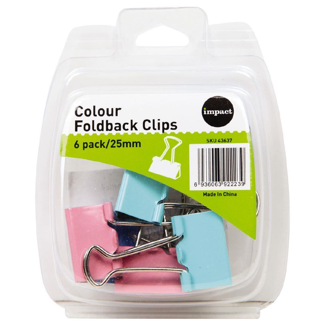WS Foldback Clips 25mm 6 Pack Colour | Warehouse Stationery, NZ