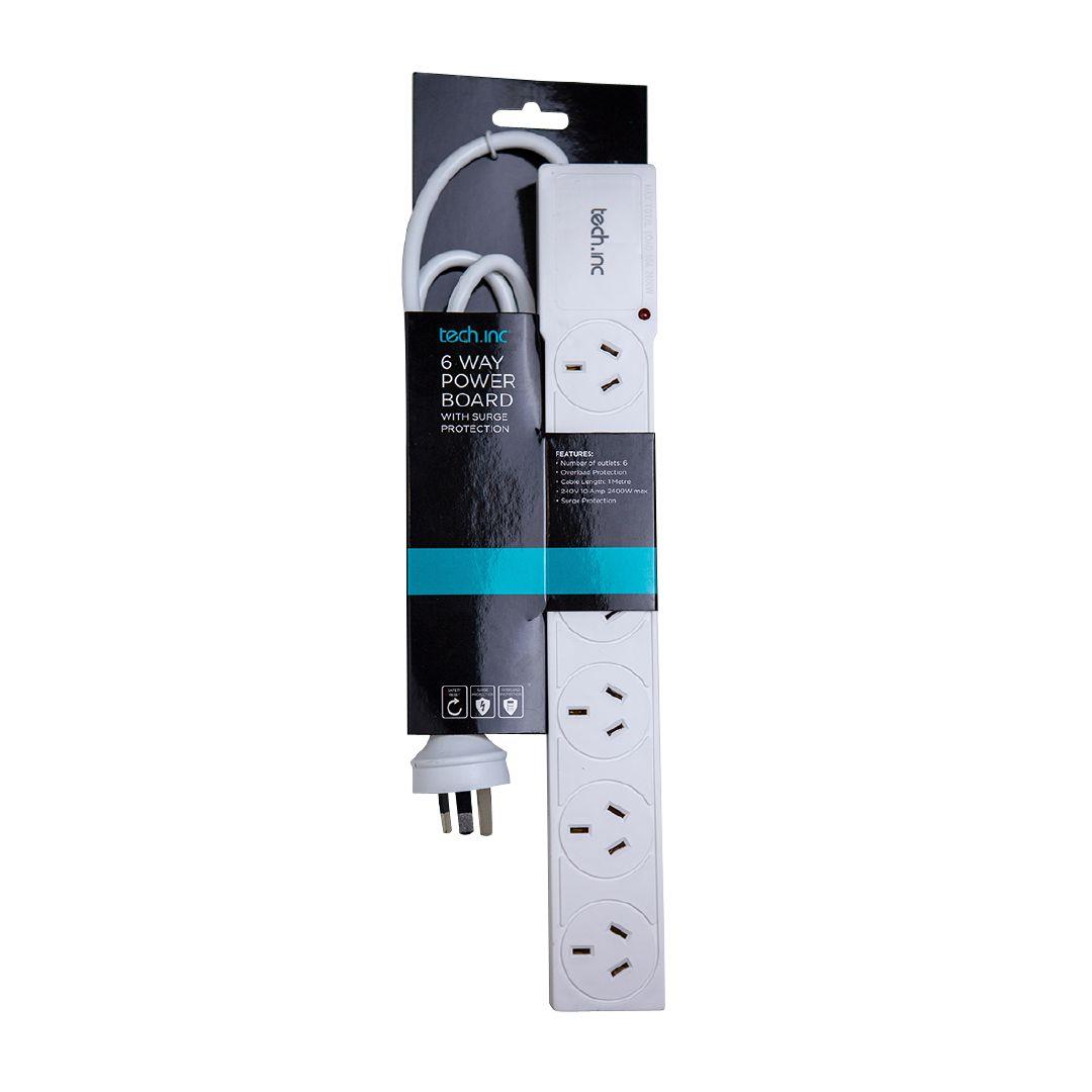 Tech.Inc 6 Way Powerboard with Surge Protection | Warehouse Stationery, NZ